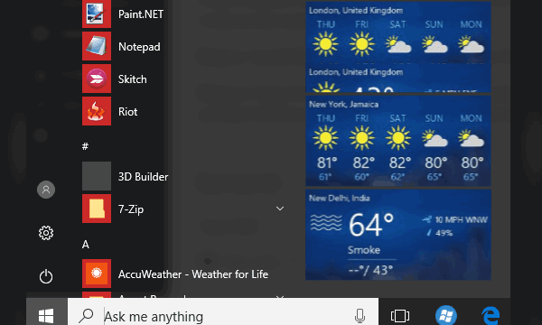 See Weather Forecast for A City In Windows 10 Start Menu