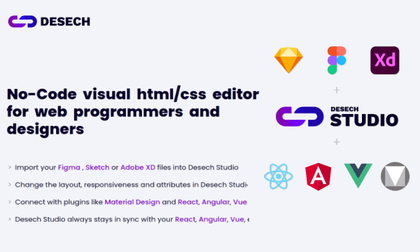 Generate HTML/CSS from Figma, Sketch, XD Designs free: Desech Studio