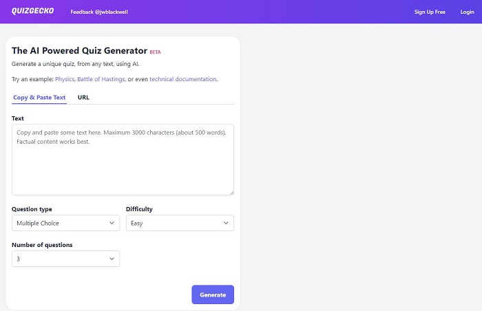 Free AI Powered Quiz Generator from Long Text for Students